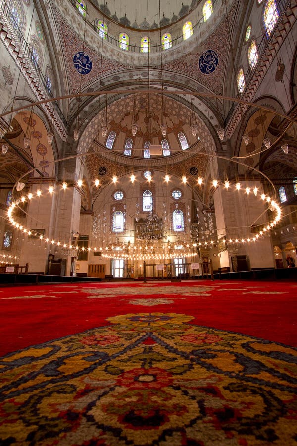 Inside Istanbul Mosque with Red Carpet Stock Photo - Image of colorful ...