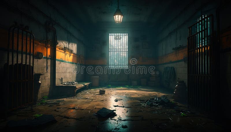 The Inside of Jail Cell in Dark Room. Generative AI Stock Illustration ...