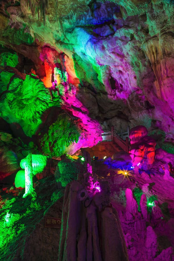 Inside Karst Cave, There Were Colored Lights Stock Image - Image of ...