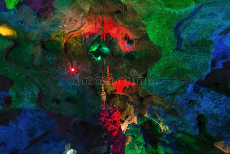 Inside Karst Cave, There Were Colored Lights Stock Photo - Image of ...