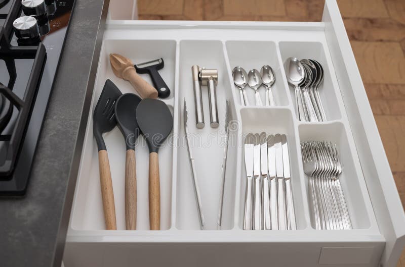 Inside of Kitchen Opened Drawer with Utensils and Cutlery Stock Image ...