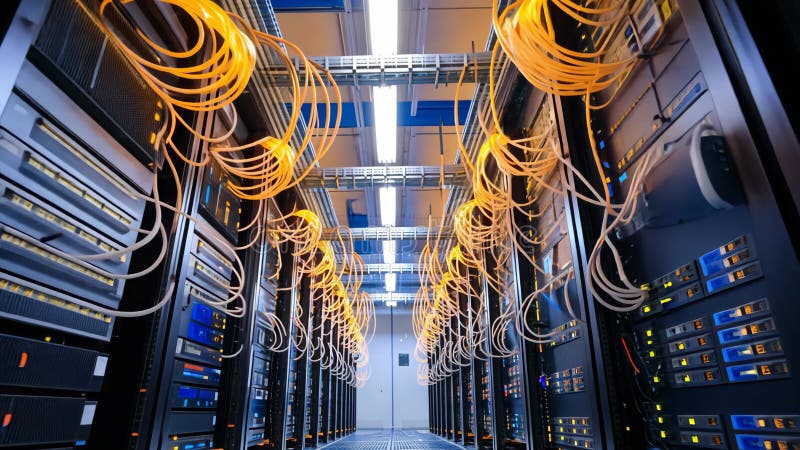 Inside a Large Data Center with Server Racks and Extensive Cabling ...