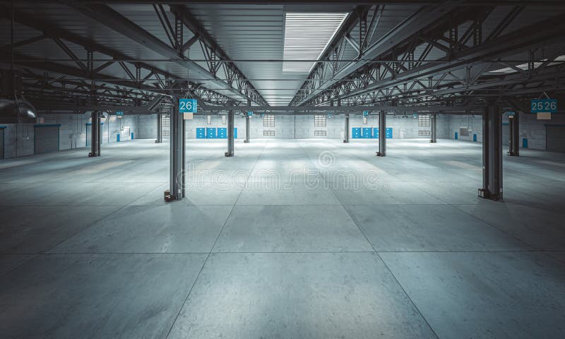 Inside a Large Empty Warehouse with a Concrete Floor Stock Illustration ...