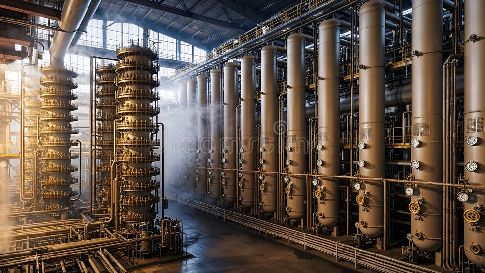 Industrial Facility with Towering Columns and Steam Rising in a ...