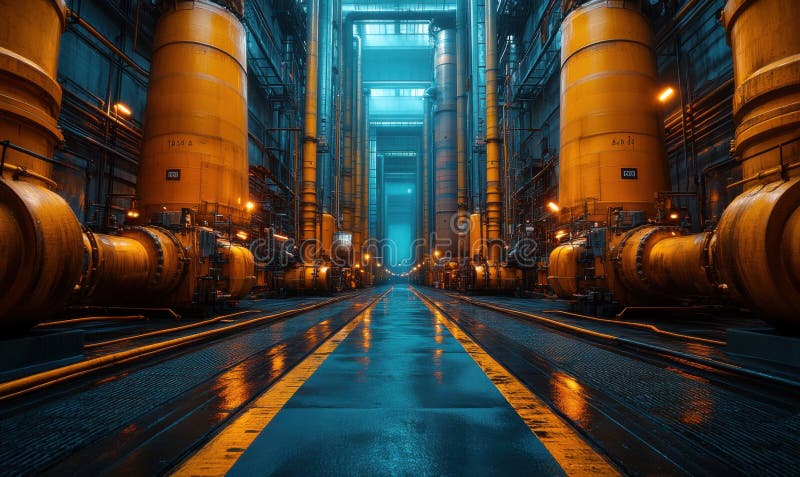 Industrial Facility Interior Showing Large Pipes and Towering ...