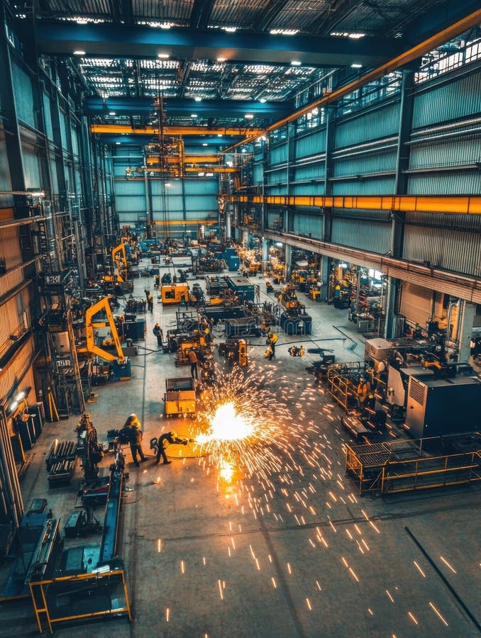 Inside a Large Industrial Workshop, Workers are Engaged in Welding As ...