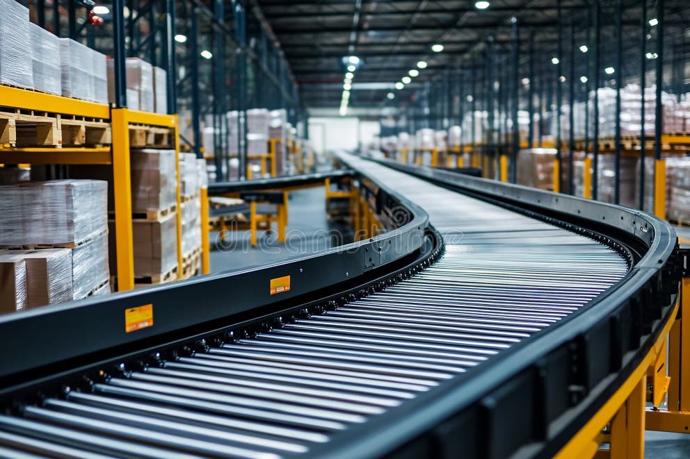 Inside a Large, Modern Warehouse, a Long Belt Conveyor System Winds ...