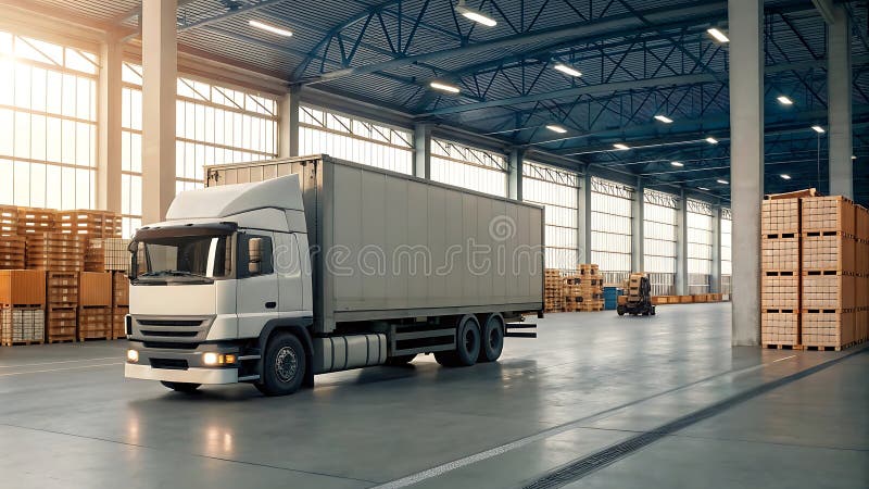 Inside Large Warehouse: Semi-Truck, Pallet Stacks, Forklift, Bright ...