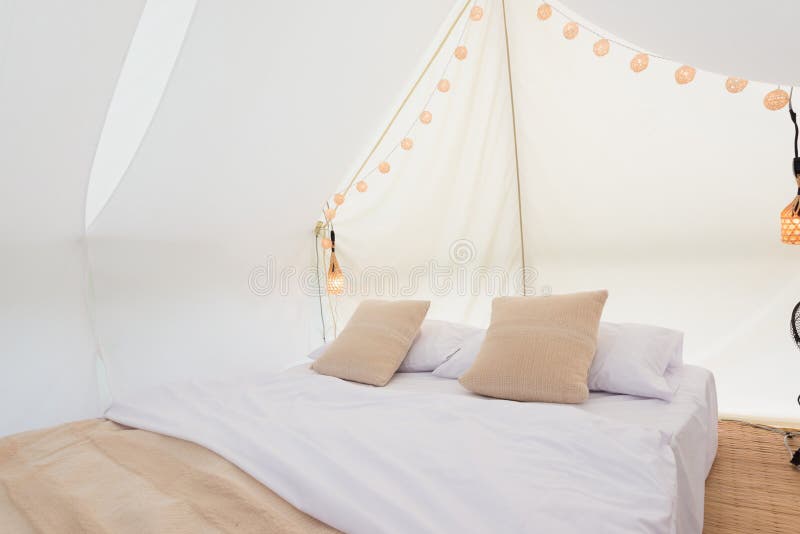 Inside a Large White Tent Camp Stock Photo - Image of beds, adventure ...