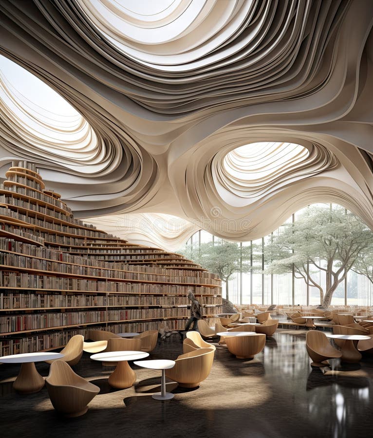 A Rendering of a Library with a Curving Ceiling Stock Illustration ...
