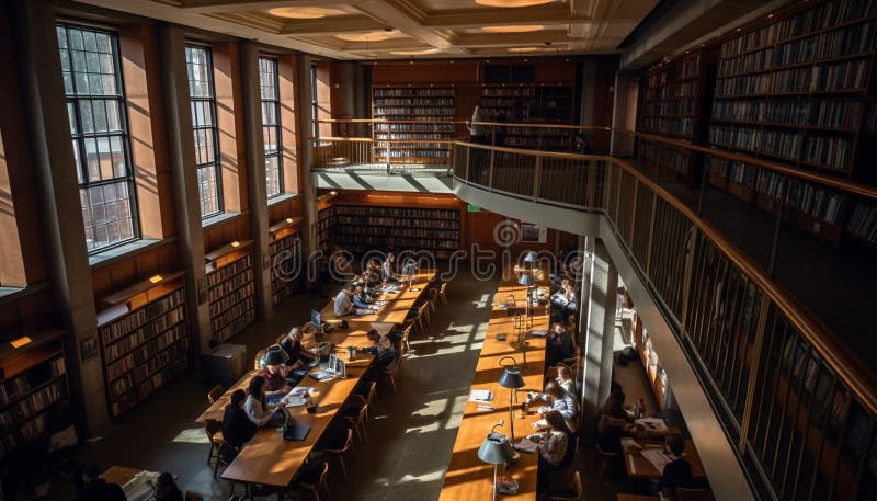Inside the Library, Students Sit Studying at Wooden Desks Generated by ...