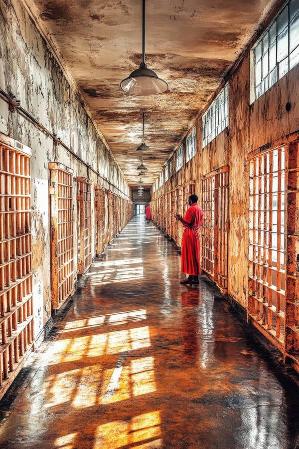Long Prison Corridor with Inmates Conversing and Light Streaming ...