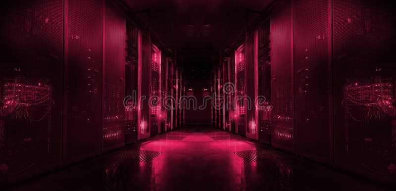 Inside the Long Red Server Room Tunnel Stock Image - Image of network ...