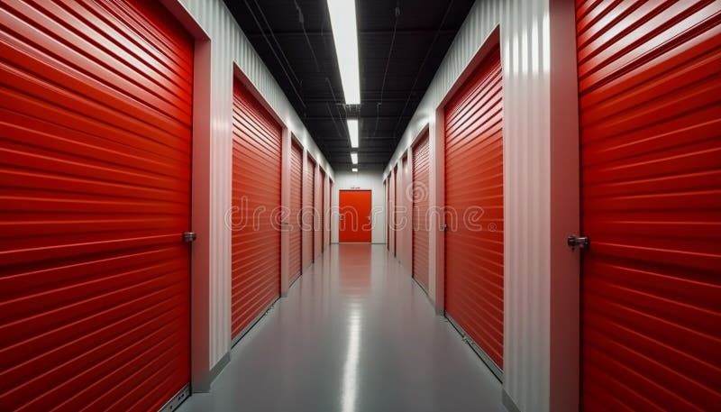 Inside a Long Row of Red Color Doors of Modern Clean Storage Facility ...