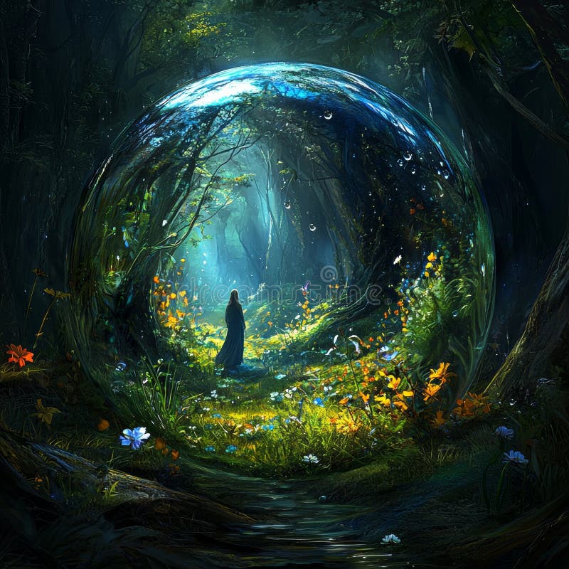 Inside a Magic Glass Sphere, Flowers, Water Drops, Trees and Grass Grow ...