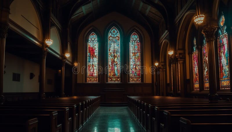 Inside the Majestic Gothic Style Abbey, the Illuminated Stained Glass ...