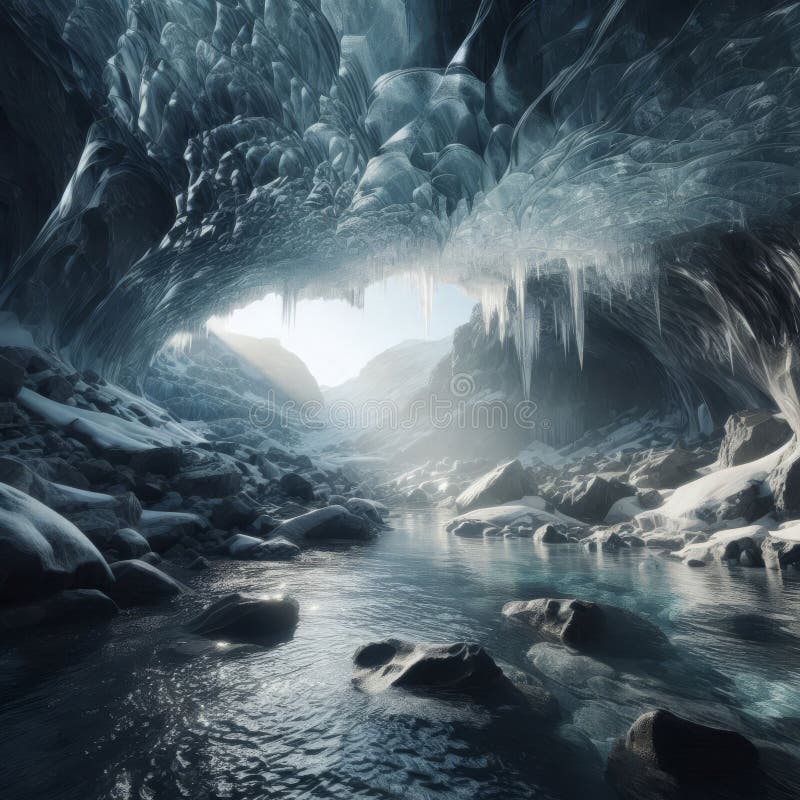 Ice Cave Entrance with Stream Flowing through Rocky Terrain Stock Photo ...