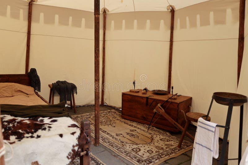 The Inside of a Medieval Warrior`s Tent. Medieval Military Camp. Stock ...
