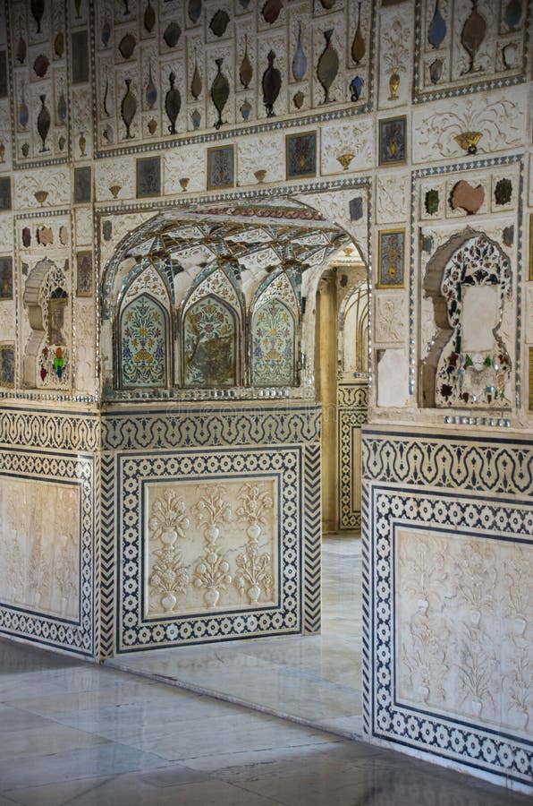 Inside the Mirror Palace in Amer Palace Stock Photo - Image of archway ...