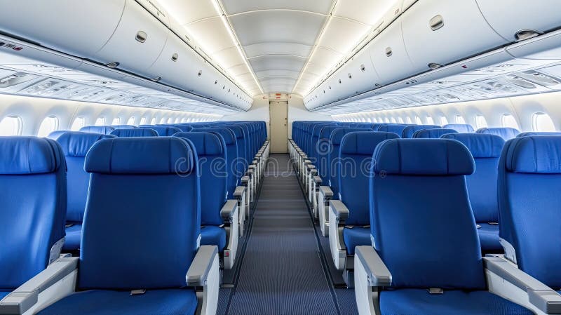 Inside a Modern Airplane, Bright Lights Illuminate Rows of Blue Seating ...