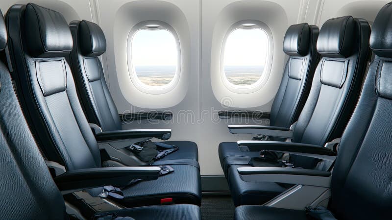 Inside a Modern Airplane, Bright Lights Illuminate Rows of Blue Seating ...