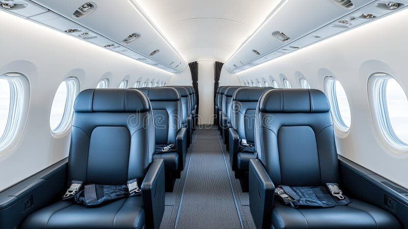 Inside a Modern Airplane, Bright Lights Illuminate Rows of Blue Seating ...