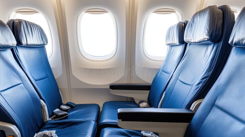 Inside a Modern Airplane, Bright Lights Illuminate Rows of Blue Seating ...