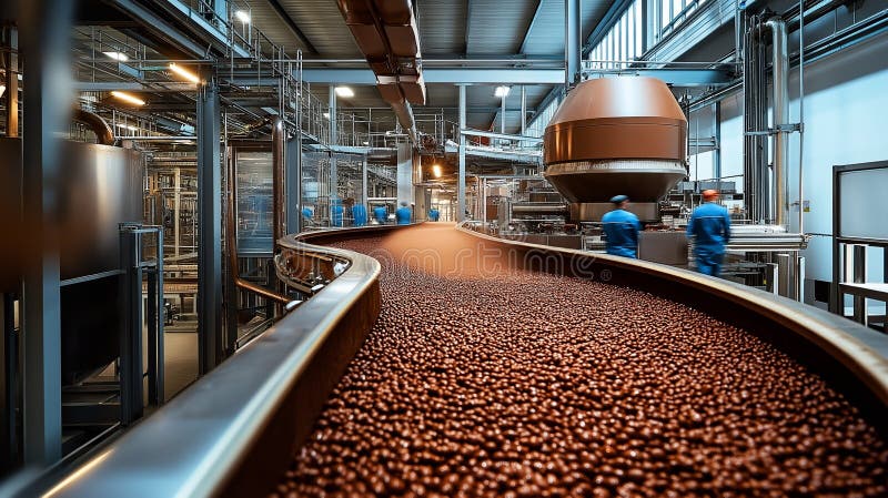 Inside a Modern Chocolate Factory with Large Machinery Grinding Roasted ...