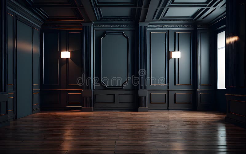 Inside a Modern Classic Black Empty Space with Wooden Floors Stock ...