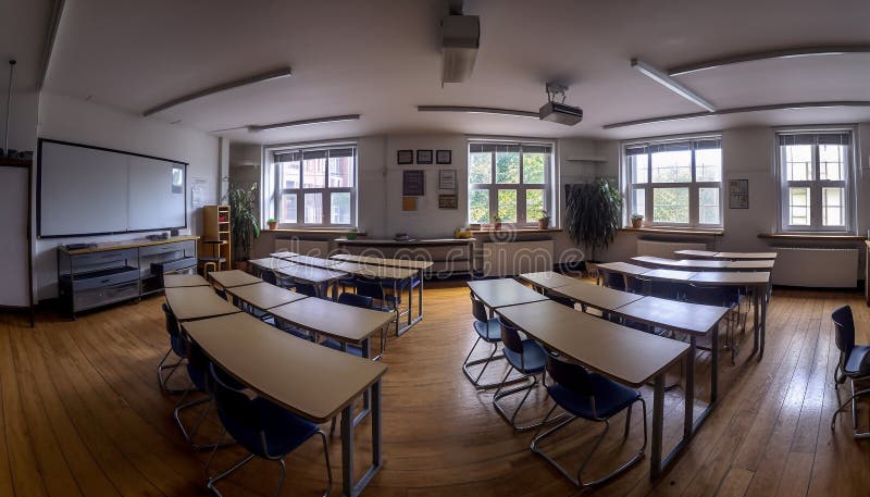Empty Classroom with Modern Architecture, Wooden Desks and Chairs ...