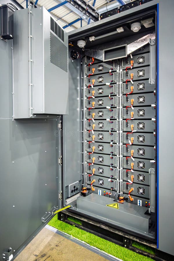 Inside a Modern Industrial Battery Energy Storage System (BESS) Cabinet, Showing Stacked Power ...