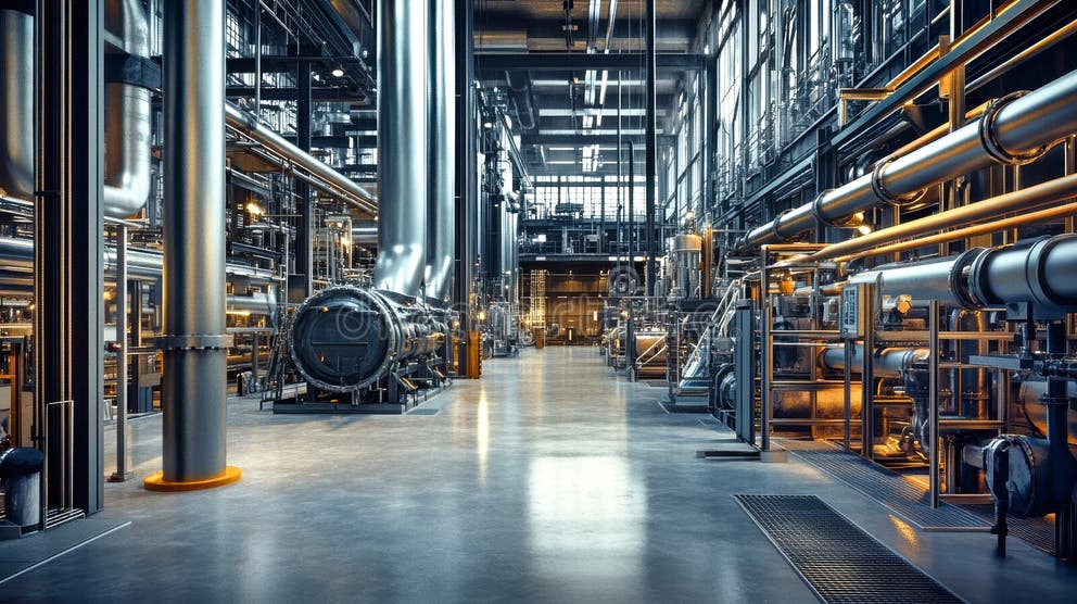 Inside a Modern Industrial Factory, Workers in Hard Hats Navigate a ...
