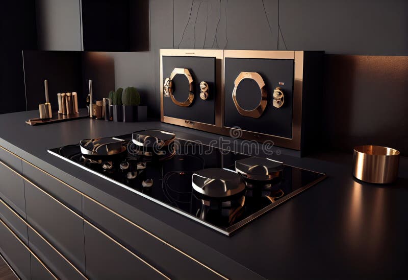 Inside a Modern Kitchen, with Dim Lighting. Generative AI. Stock ...