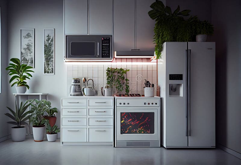 Inside a Modern Kitchen, with Dim Lighting. Generative AI. Stock ...