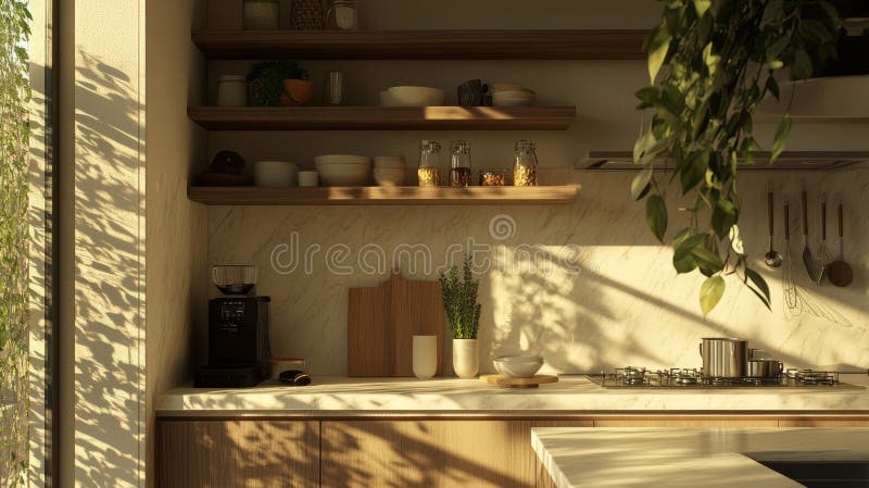 Inside a Modern Kitchen, a White Marble Countertop and Wooden Details ...