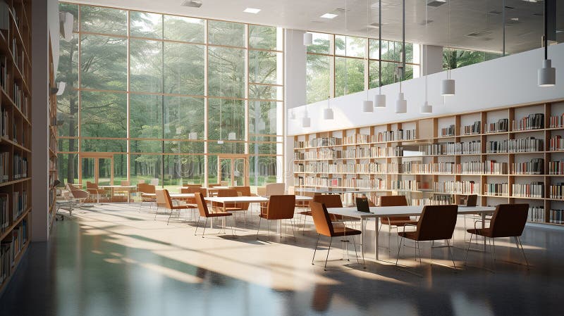 Inside a Modern Library with Many Books on Book Shelves, Empty Library ...