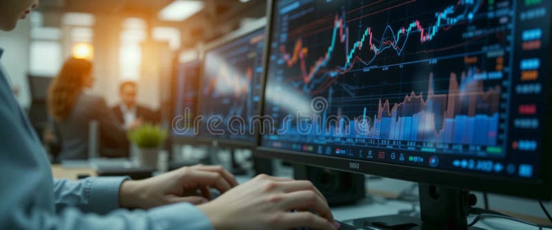 Close-up of Woman Typing with Financial Graphs on Monitor Stock ...