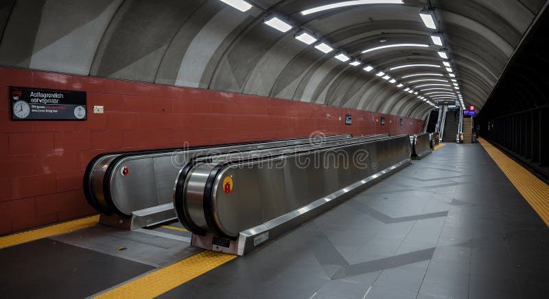 Inside Modern Subway Station with Escalators and Arched Ceiling Stock ...