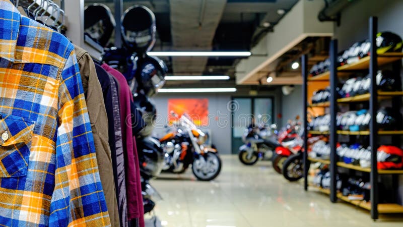 Inside the Motorcycle Store. Clothing, Helmets, Motorcycles Stock Image ...