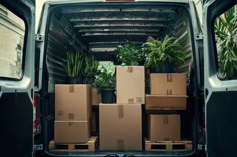 Inside of a Moving Truck with Cardboard Boxes and a Plant Stock Image ...