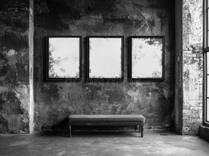 Inside a Museum, Three Pristine White Frames Hang on a Dark Grey Wall ...