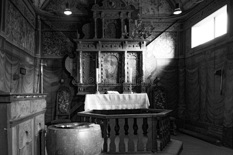 Inside of a Norwegian Stavekirke in Black and White Stock Photo - Image ...