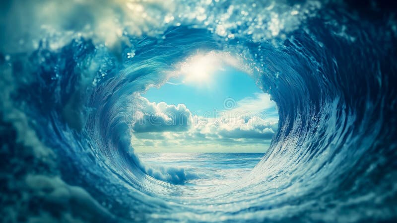 Inside Ocean Wave: Perfect Barrel View of Sunlit Seascape and Clouds ...