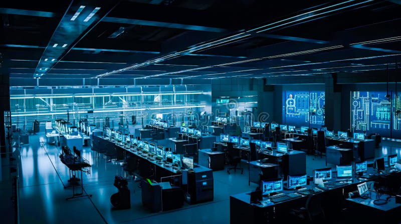 The Inside of an Office with Computers and Monitors. Generative AI ...