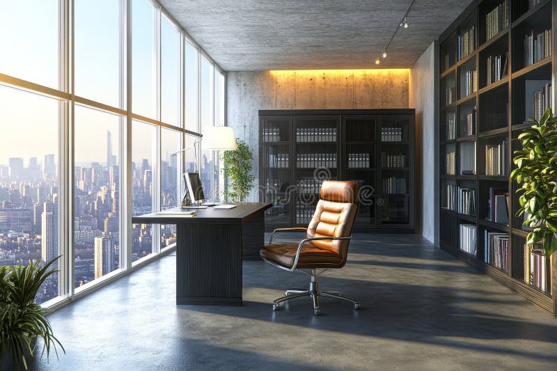 Inside the Office, There is a Ceo& X27;s Desk Next To a Panoramic ...