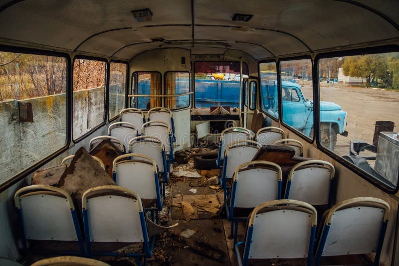 Inside Old Abandoned Rusty Broken Soviet Bus Stock Photo - Image of ...
