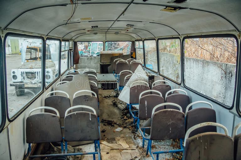 Inside Old Abandoned Rusty Broken Soviet Bus Stock Photo - Image of ...