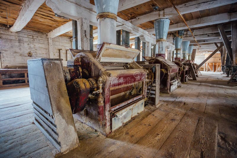 Inside Old Abandoned Wooden Mill with Old Equipment Stock Image - Image of manufacturing ...