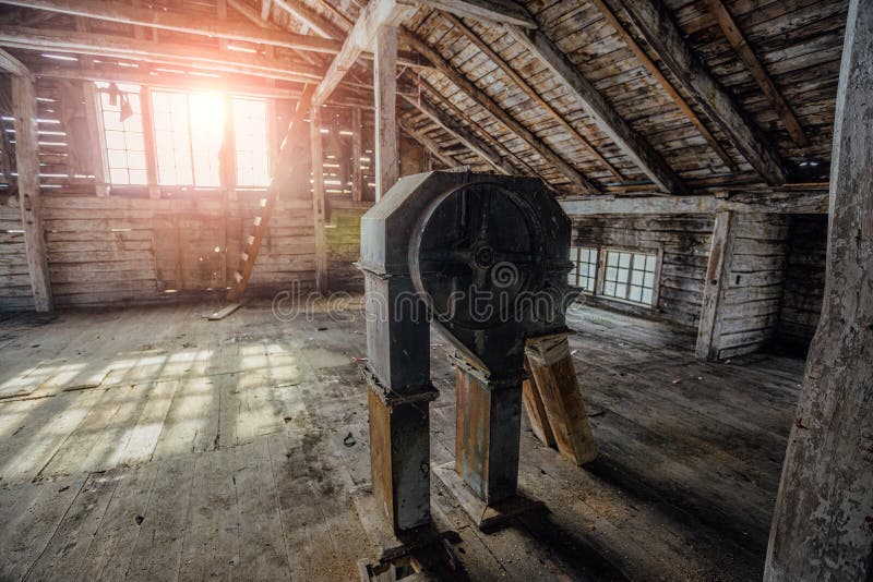 Inside Old Abandoned Wooden Mill with Old Equipment Stock Image - Image ...