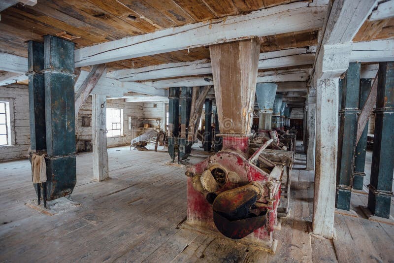 Inside Old Abandoned Wooden Mill with Old Equipment Stock Image - Image ...